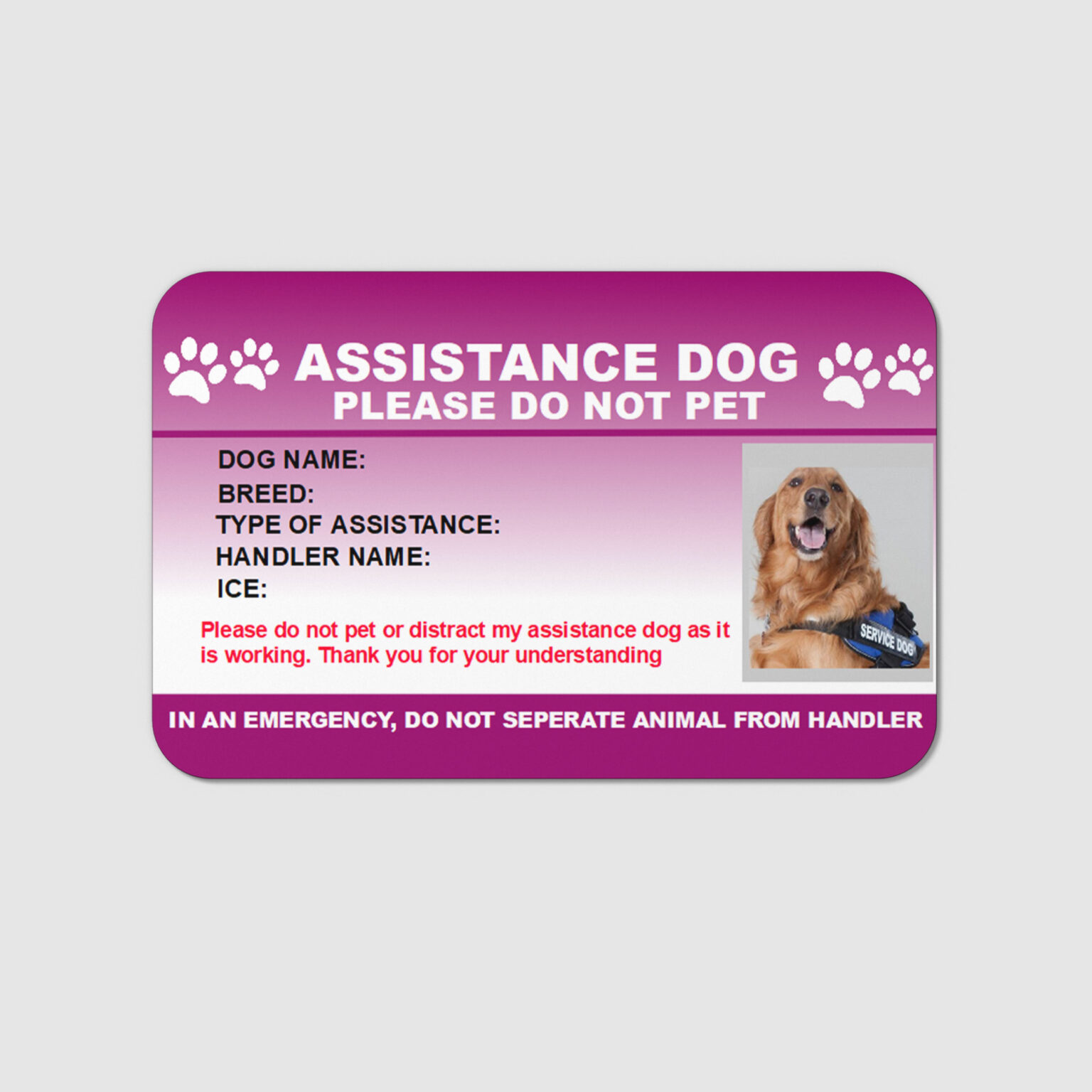 Assistance Dog ID Card AD8 - NS DESIGN